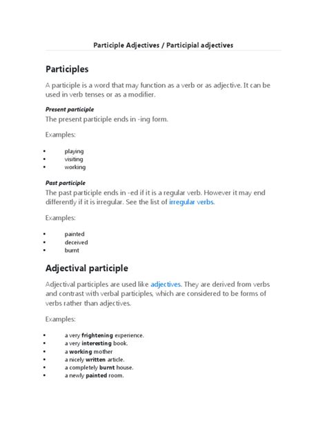 Participal Adjectives Pdf Verb Adjective