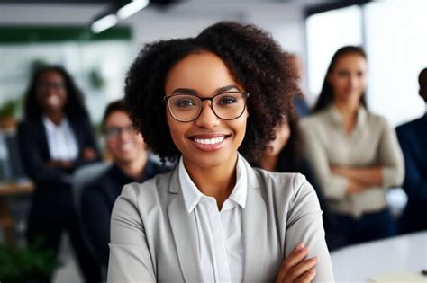 Premium Photo A Woman Wearing Glasses Stands In Front Of A Group Of People