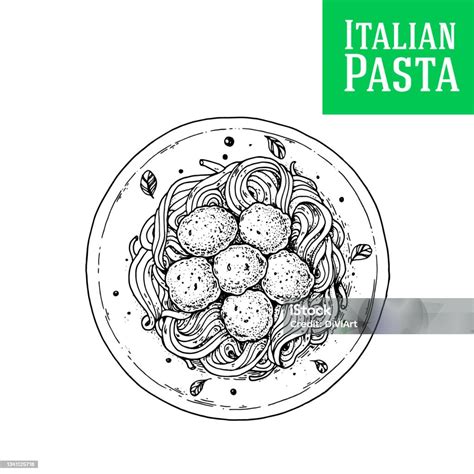 파스타 접시 벡터 일러스트레이션 이탈리아 요리 파스타와 미트볼 접시 손으로 그린 스케치 그림입니다 이탈리아 음식 맨 위 보기입니다 미트볼에 대한 스톡 벡터 아트 및 기타