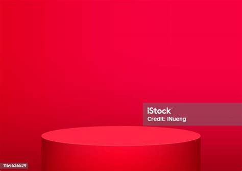 복사 공간이있는 제품 디스플레이를위한 빈 연단 스튜디오 빨간색 배경 쇼룸 촬영 렌더링 제품을 광고하기 위한 배너 배경입니다 빨간색 배경에 대한 스톡 벡터 아트 및 기타