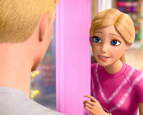 The Barbie Doll Is Talking To A Man In Front Of A Pink Wall And Door