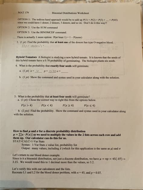 Solved Mat 179 Binomial Distributions Worksheet Option 1