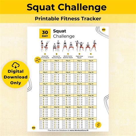 30 Day Squat Challenge Printable Workout Tracker Squat Exercise Plan