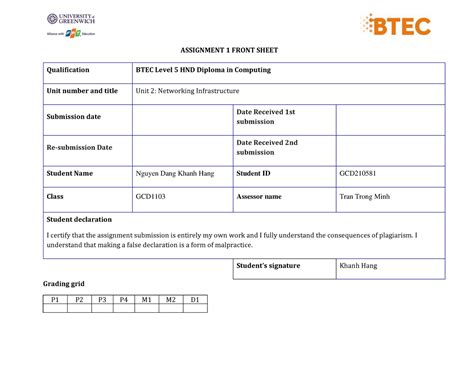 Demoasm 1 Assignment 1 Front Sheet Qualification Btec Level 5 Hnd Diploma In Computing Unit
