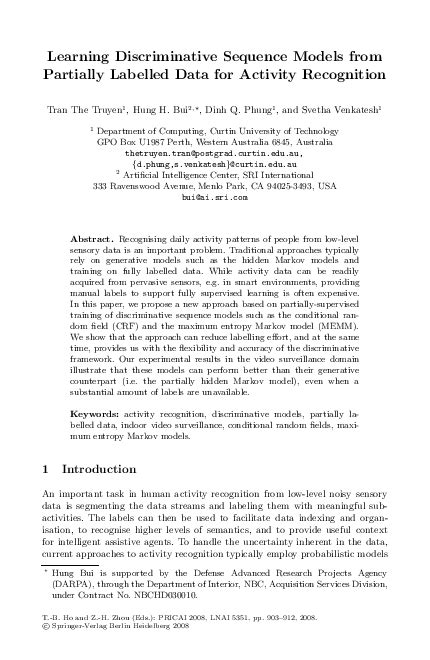 Pdf Learning Discriminative Sequence Models From Partially Labelled Data For Activity Recognition