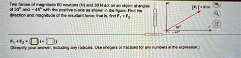Solved Two Forces Of Magnitude 60 Newtons N And 30 N Act On An Object At Angles Of 30Â° And