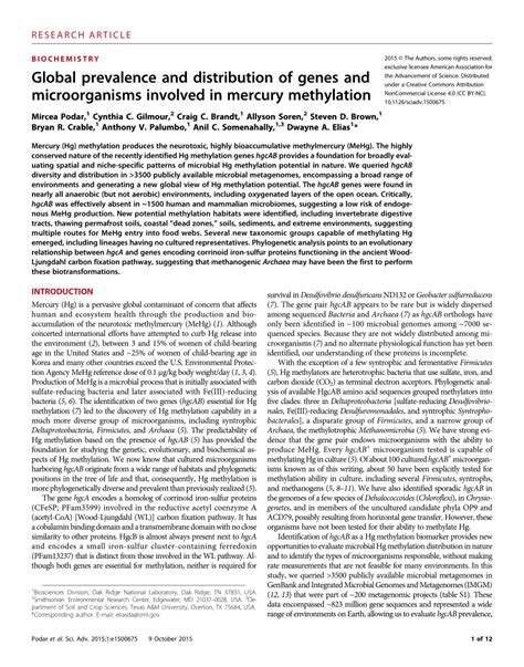 Pdf Global Prevalence And Distribution Of Genes And Microorganisms Involved In Mercury Methylation