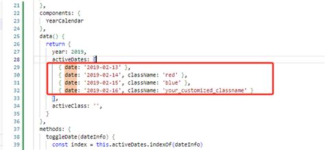 Javascript Vue Material Year Calendar 插件 Activedatespushdateinfo数据