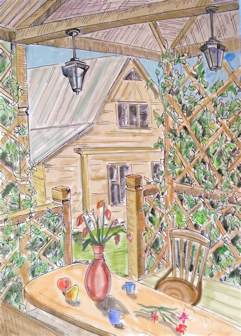 Иллюстрация Набросок в беседке в стиле классика