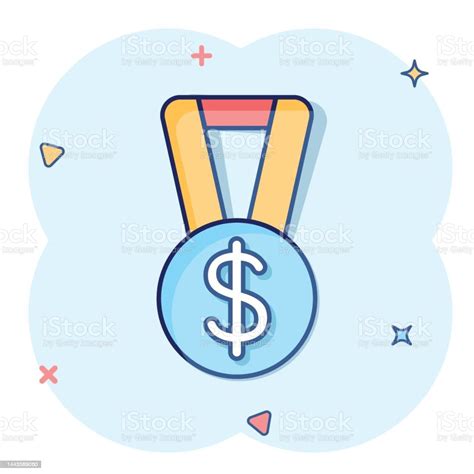 만화 스타일의 달러 아이콘메달 흰색 고립 된 배경에 돈 상 트로피 만화 벡터 일러스트 지폐 지폐 스플래시 효과 비즈니스 개념 Championship에 대한 스톡 벡터 아트