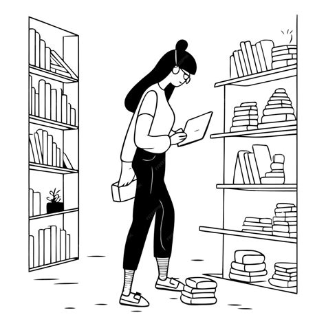 Premium Vector Vector Illustration Of A Girl In A Library With Bookshelves