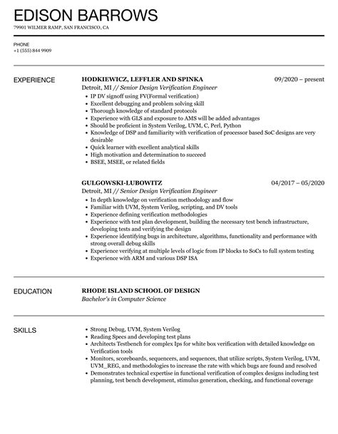 senior design verification engineer resume samples velvet jobs