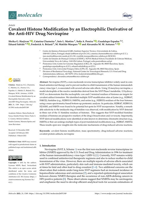 Pdf Covalent Histone Modification By An Electrophilic Derivative Of The Anti Hiv Drug Nevirapine