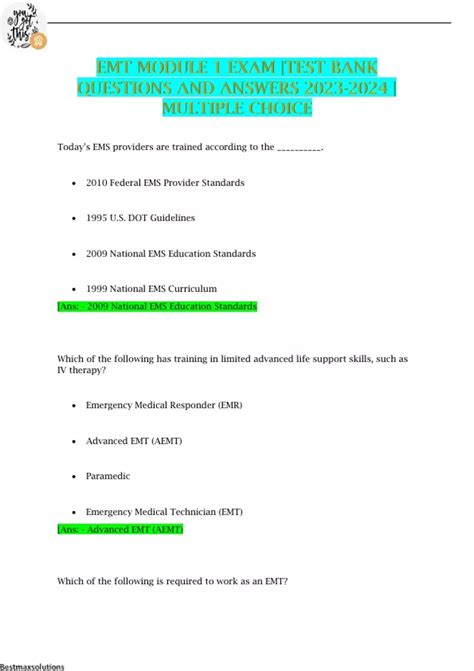 Emt Module Exam Test Bank Questions And Answers Multiple Choice Emt Stuvia Us