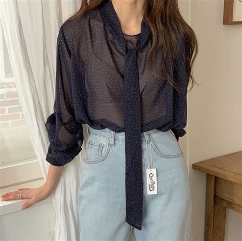 더센스 세일 도트 타이 시스루 블라우스