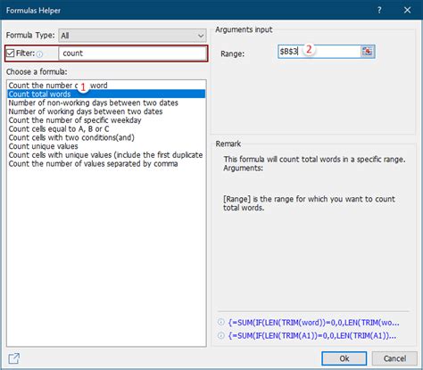 quickly count the number of words in a cell or a range in excel