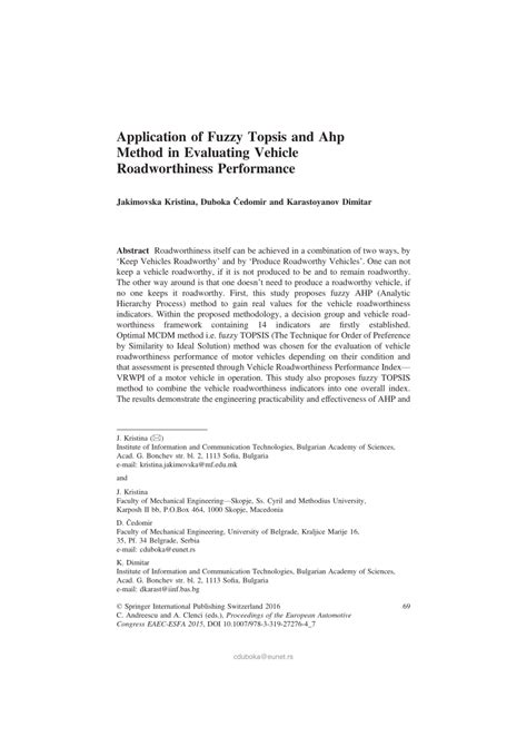 Pdf Application Of Fuzzy Topsis And Ahp Method In Evaluating Vehicle Roadworthiness Performance