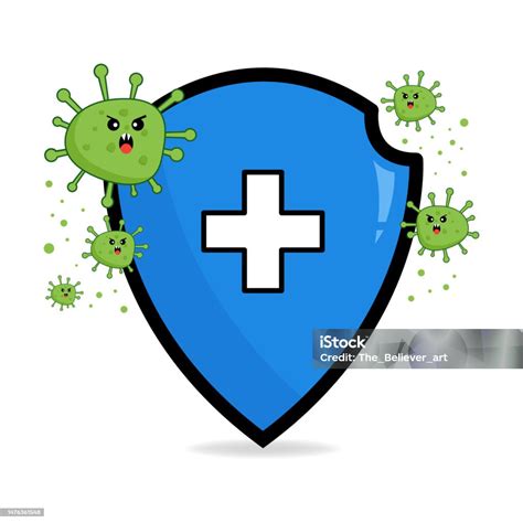 방패 십자가 및 박테리아가 파란색 배경에 날아다니는 세포가 있는 바이러스 보호 배너 항균 또는 세균 방어 면역 체계 보호 의료 포스터 현실적인 3d 벡터 일러스트 레이 션