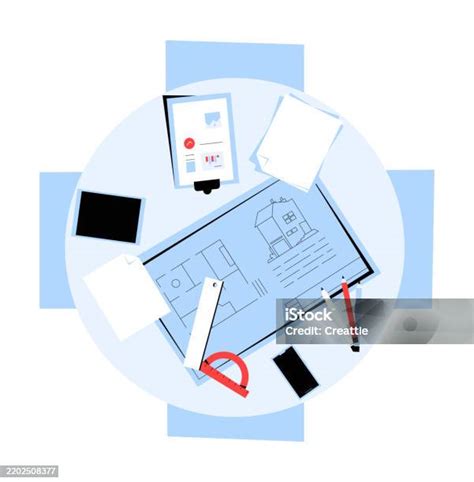 건축가 작업 공간 평면 벡터 일러스트 레이 션에서 디자인 건설 계획 엔지니어링 및 제도를 상징 흰색 배경에 고립 각도기에 대한 스톡 벡터 아트 및 기타 이미지 Istock