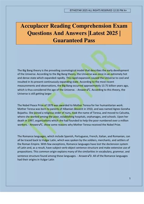Accuplacer Reading Comprehension Exam Questions And Answers Latest 2025 Guaranteed Pass