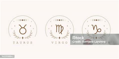 황소 자리 처녀 자리 염소 자리 보헤미안 스타일의 지구 조디악 표지판 흰색 배경에 점성술 아이콘입니다 신비와 난해한 별자리 벡터 그림입니다 타로 카드 달력에 대한 영적 상징