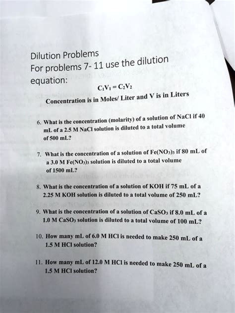 Dilution Problems For Problems Use The Dilution Equation C V C V Concentration Is In