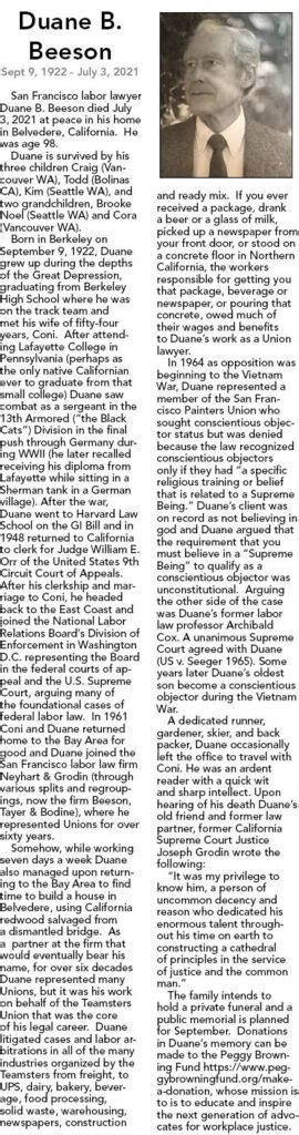 Teamsters Mourn Lawyer And Advisor Duane Beeson Teamsters Joint Council 7