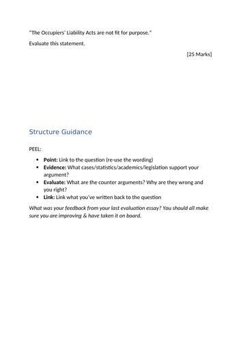 A Level Law Occupiers Liability Evaluation Essay Model Plan Teaching Resources