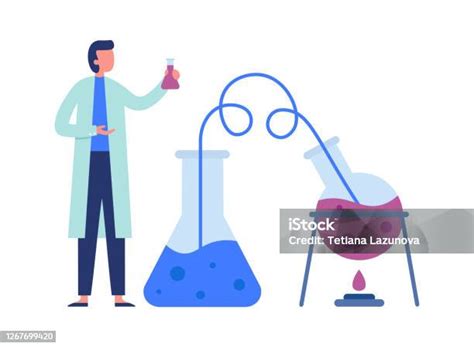 실험을 하는 과학 실험실 장비를 갖춘 화학 과학자 연구를 위한 액체로 플라스크 가열 가느다란 관에 대한 스톡 벡터 아트 및 기타