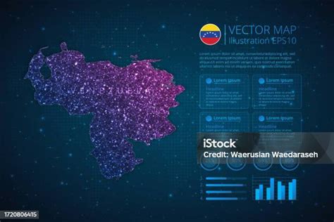 베네수엘라 지도 인포그래픽 템플릿은 다이어그램 그래프 프리젠테이션 및 차트에 파란색 배경에 추상적인 기하학적 메쉬 다각형 조명 개념이 있다 베네수엘라에 대한 스톡 벡터 아트