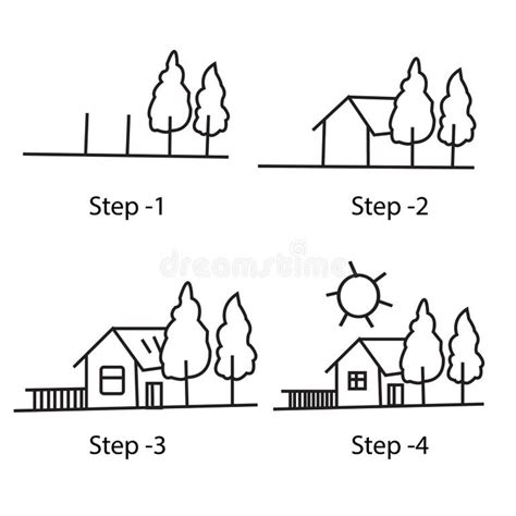 Simple Drawing Steps For A House And Landscape Stock Vector