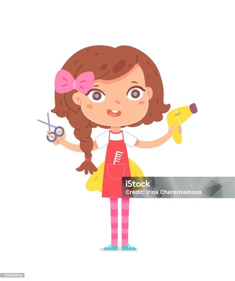 미용사 직업을 가진 어린 소녀 전문 직업 벡터 일러스트와 귀여운 아이 흰색 배경에 가위와 헤어 드라이어와 앞치마에 이발을하고 아이 가위에 대한 스톡 벡터 아트 및 기타