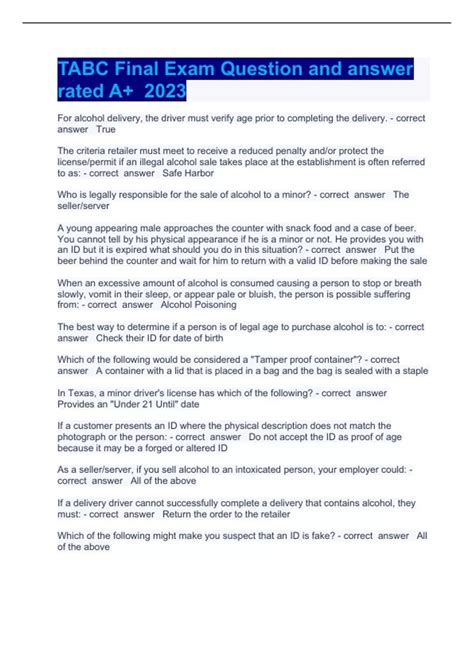 Tabc Final Exam Question And Answer Rated A 2023 Tabc Stuvia Us