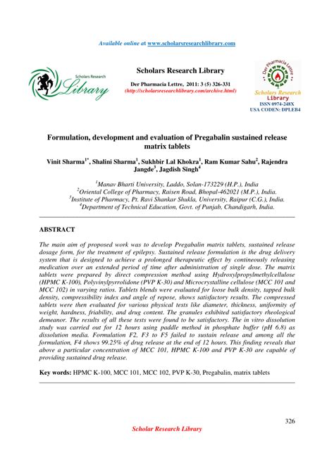Pdf Formulation Development And Evaluation Of Pregabalin Sustained