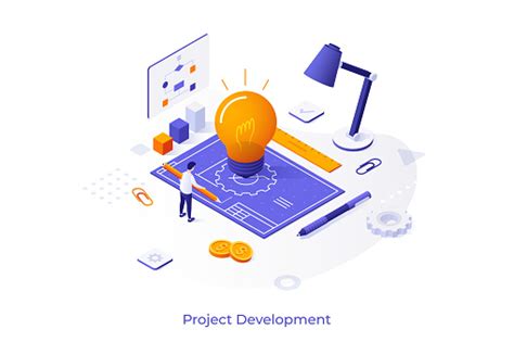 연필 드로잉 청사진 빛나는 전구 다이어그램 차트를 가진 남자와 개념적인 템플릿입니다 혁신적인 스타트업 프로젝트 개발을 위한 현장 웹 사이트에 대 한 현대 등각 투영 벡터