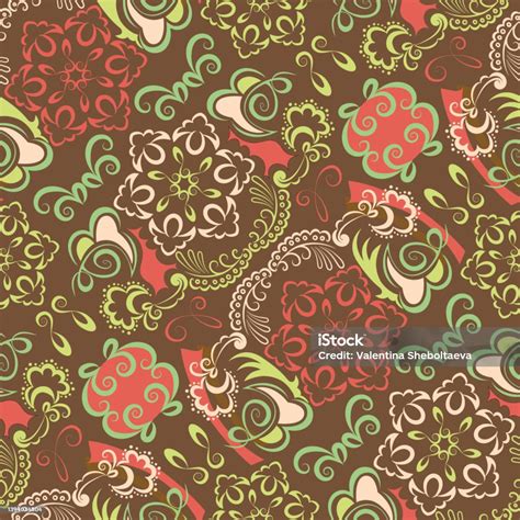 섬유 디자인을위한 갈색 테라코타 배경에 다양한 색상의 낙서 컬로 장식 된 추상적 인 이음새없는 민족 패턴 벡터 갈색에 대한 스톡 벡터 아트 및 기타 이미지 Istock