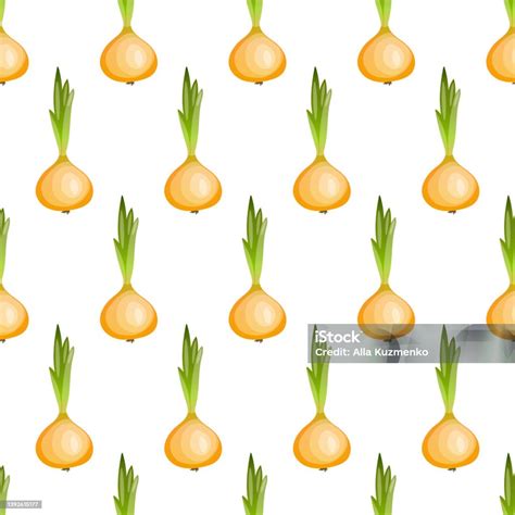 흰색 배경에 쓴 황금 양파와 매끄러운 패턴 여름 농장 채식 양파의 천연 신선한 밝은 무리 포장 카드 및 기타 디자인에 대한 벡터