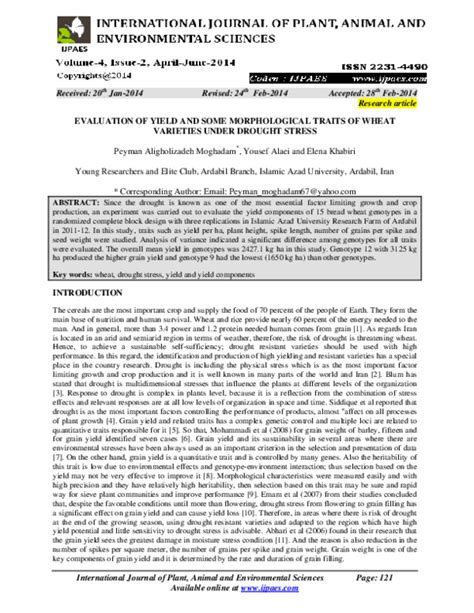 Pdf Evaluation Of Yield And Some Morphological Traits Of Wheat