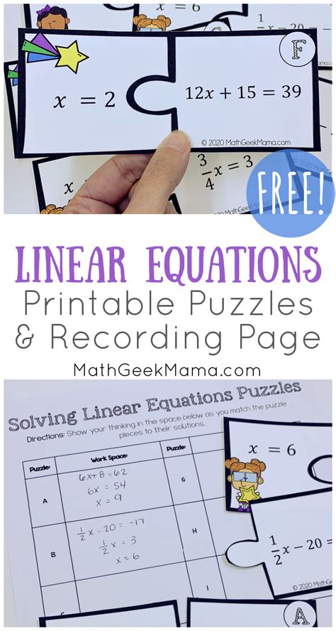 Linear Equations Puzzles Free Practice Set Math Geek Mama Worksheets Library