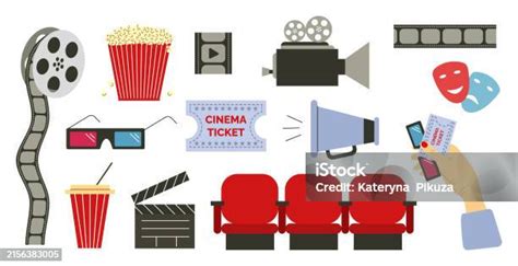 시네마 요소 세트입니다 필름 릴 팝콘 3d 안경 클래퍼 보드 영화 티켓 확성기 메가폰 소다 극장 마스크 좌석 흰색 배경입니다