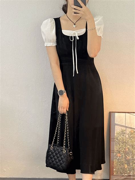 여니크 퍼프 배색 뷔스티에 페이크투피스 롱 원피스 위시버킷