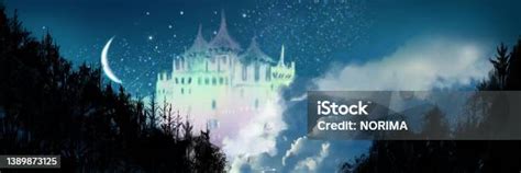 밤하늘에 빛나는 별과 초승달이 있는 구름 바다에 있는 중세 유럽 성의 그림 고딕 양식에 대한 스톡 벡터 아트 및 기타 이미지