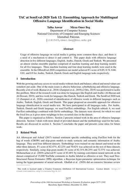 Pdf Tac At Semeval 2020 Task 12 Ensembling Approach For Multilingual Offensive Language
