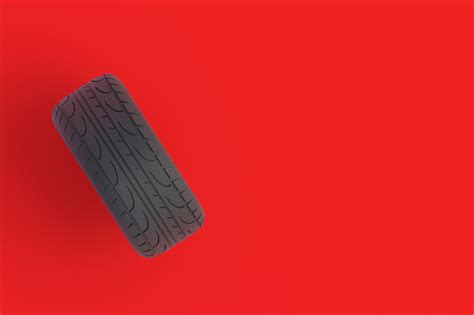 빨간 배경에 자동차 고무 타이어 자동차 부품 교통 안전 자동차 서비스 타이어 의 구입 판매 공간을 복사합니다 맨 위 보기입니다 3d 렌더 3차원 형태에 대한 스톡 사진 및