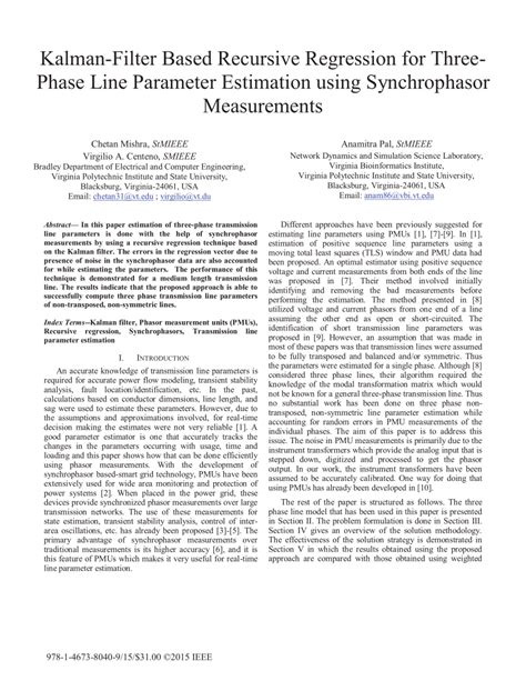 Pdf Kalman Filter Based Recursive Regression For Three Phase Line Parameter Estimation Using