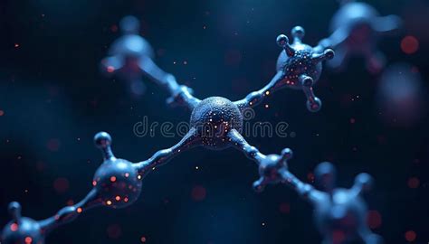 Close Up Of A Complex Molecular Structure With Glowing Particles On A Dark Blue Background