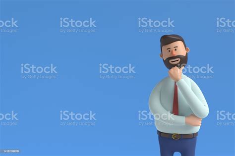 3d 그림 만화 캐릭터 귀여운 사업가 파란색 배경에 고립 진지한 남자는 포즈를 취합니다 백인 남성은 흰색 셔츠와 빨간 넥타이를 착용합니다 3차원 형태에 대한 스톡 사진 및