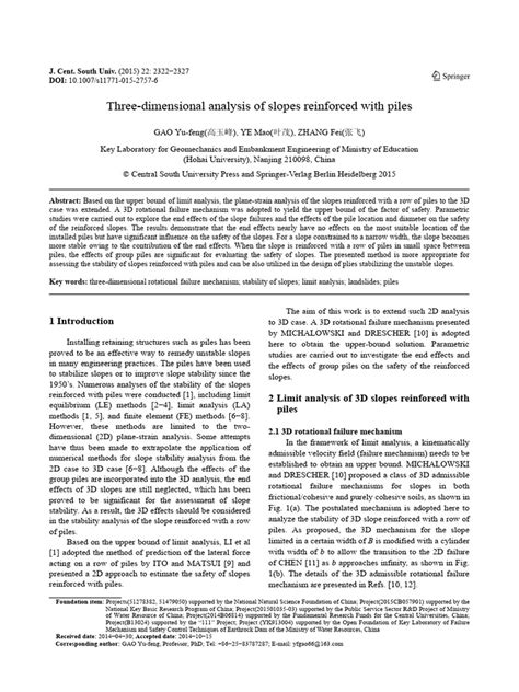 Three Dimensional Analysis Of Slopes Reinforced With Piles Pdf Applied And Interdisciplinary