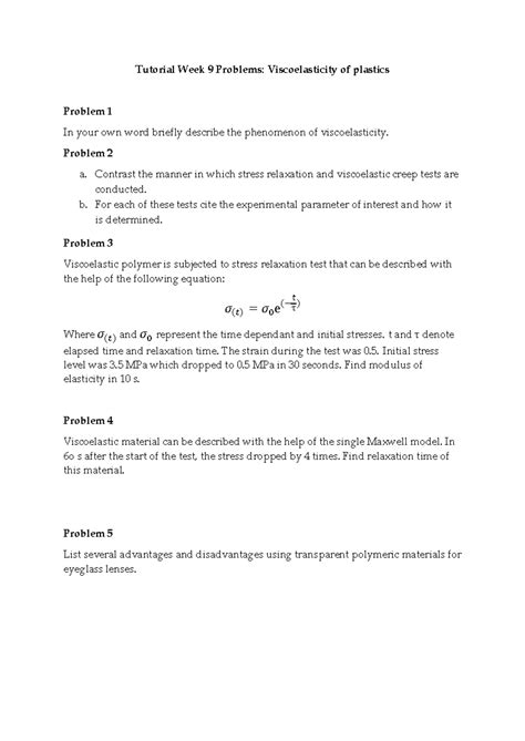 Tutorial Week 9 Problems Viscoelasticity Of Plastics Tutorial Week 9 Problems Viscoelasticity
