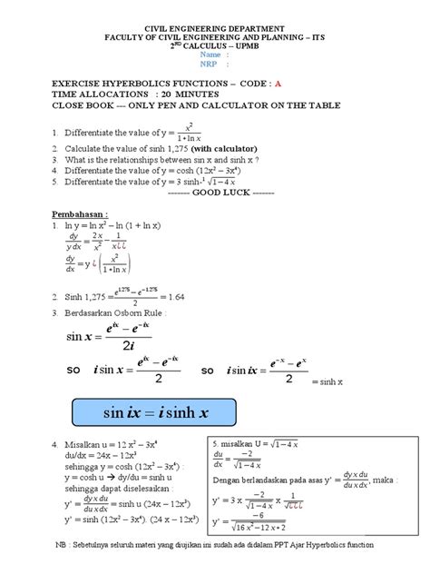 Mini Quiz 1 Hyperbolics Functions Pdf Combinatorics Non